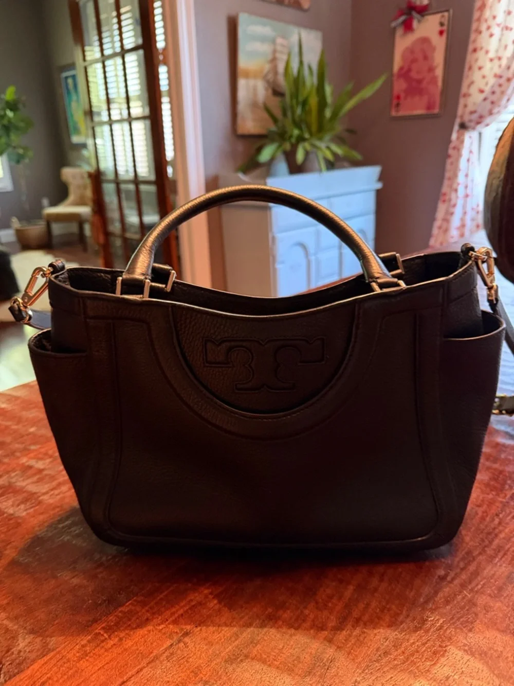 Tory Burch | Bags | Tory Burch Black Pebbled Leather Tophandle Satchel ...